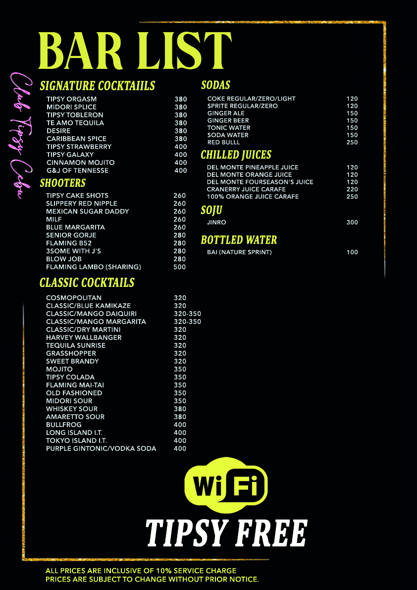 Bar List – Club Tipsy Cebu